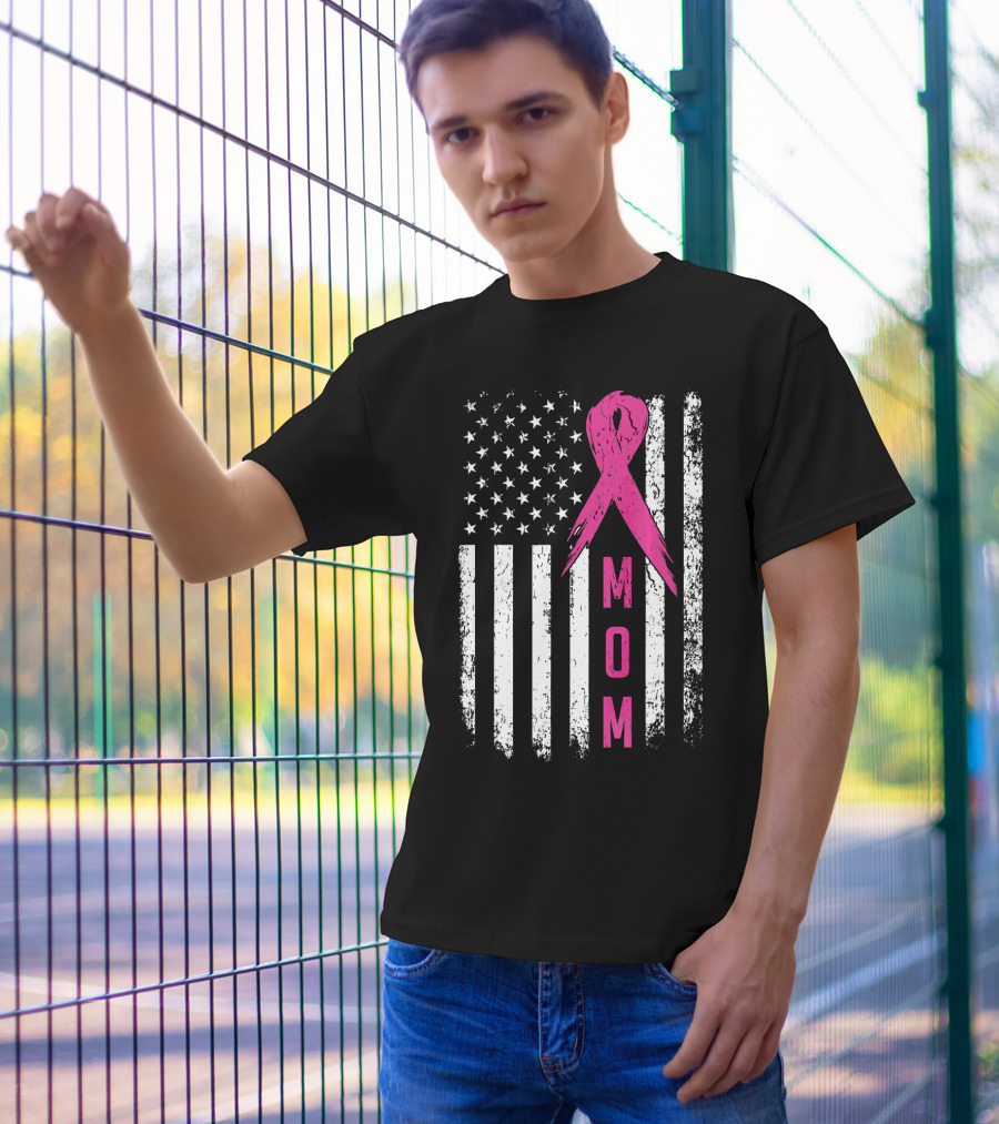 Mom Pink Ribbon American Flag Breast Cancer Awareness T-Shirt