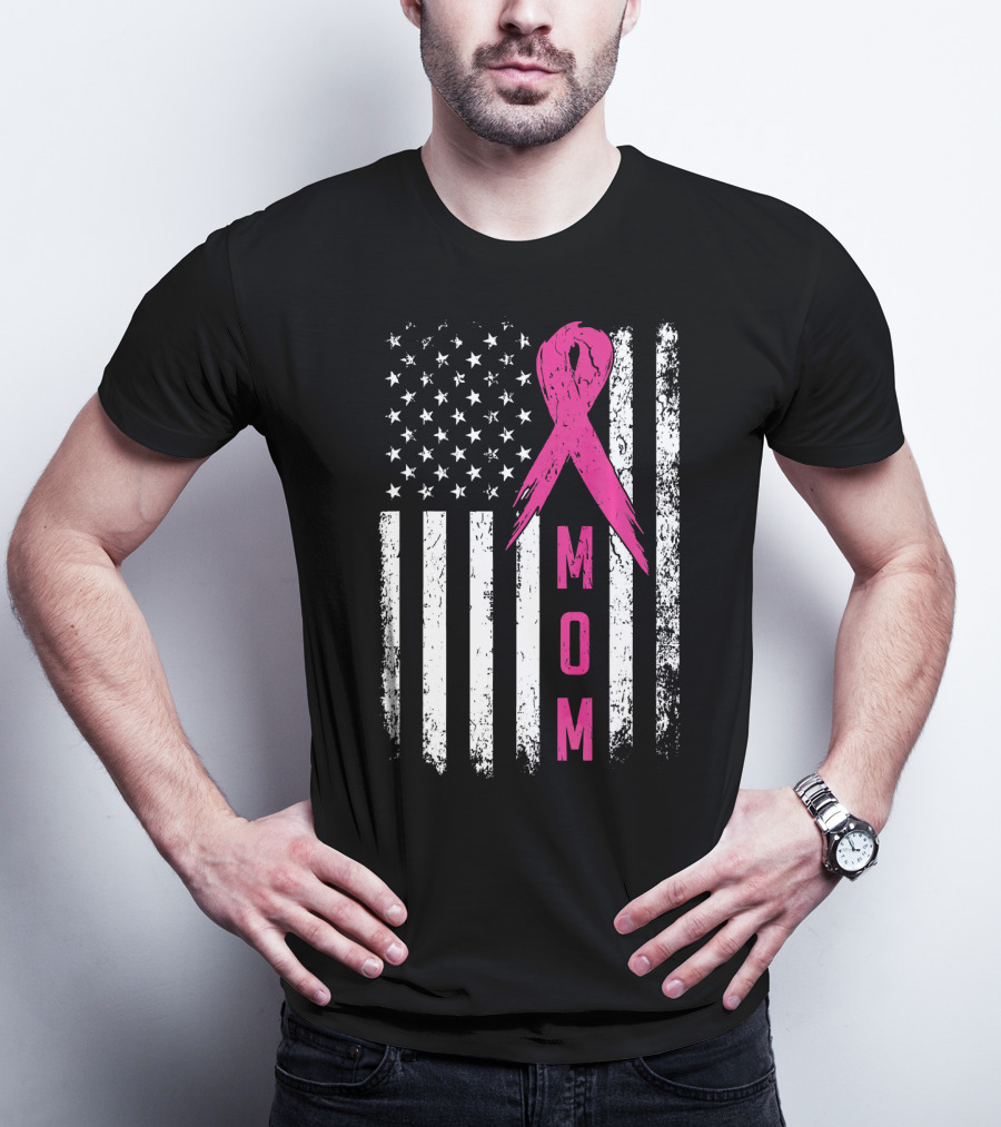 Mom Pink Ribbon American Flag Breast Cancer Awareness T-Shirt