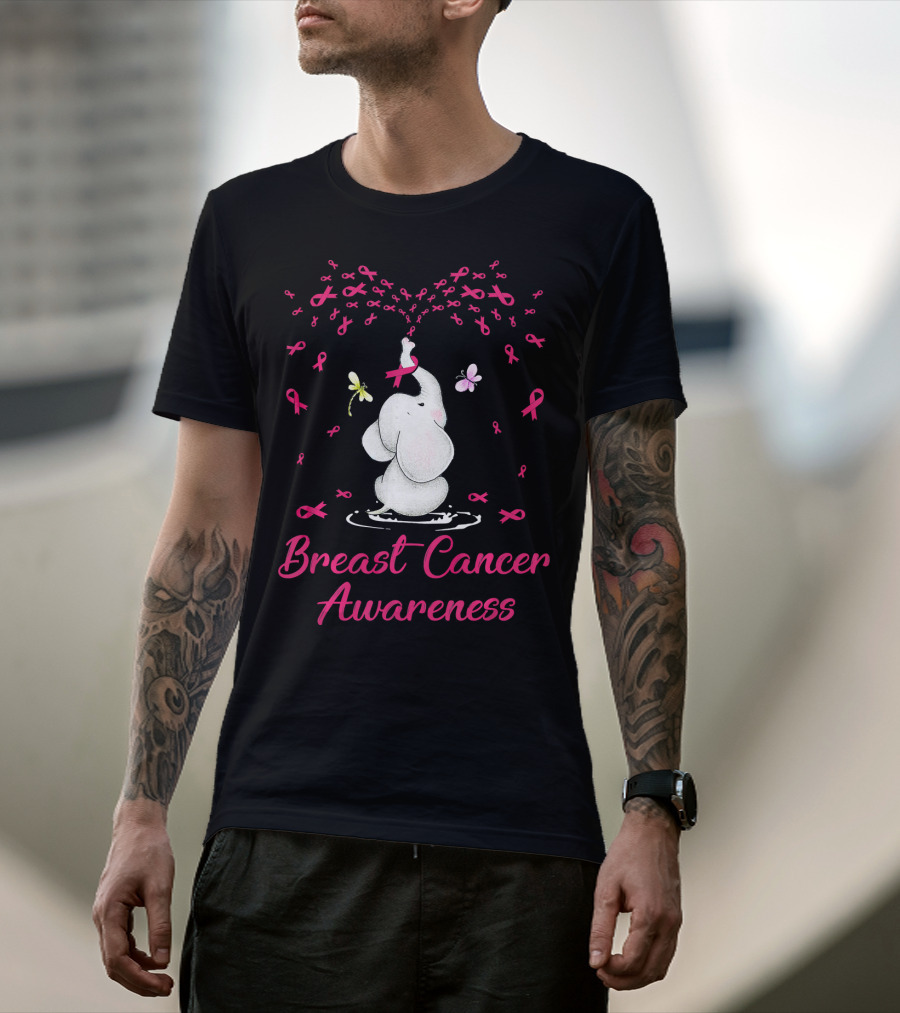 Elephant With Ribbon Breast Cancer Awareness With Butterflies And Ribbons T-Shirt