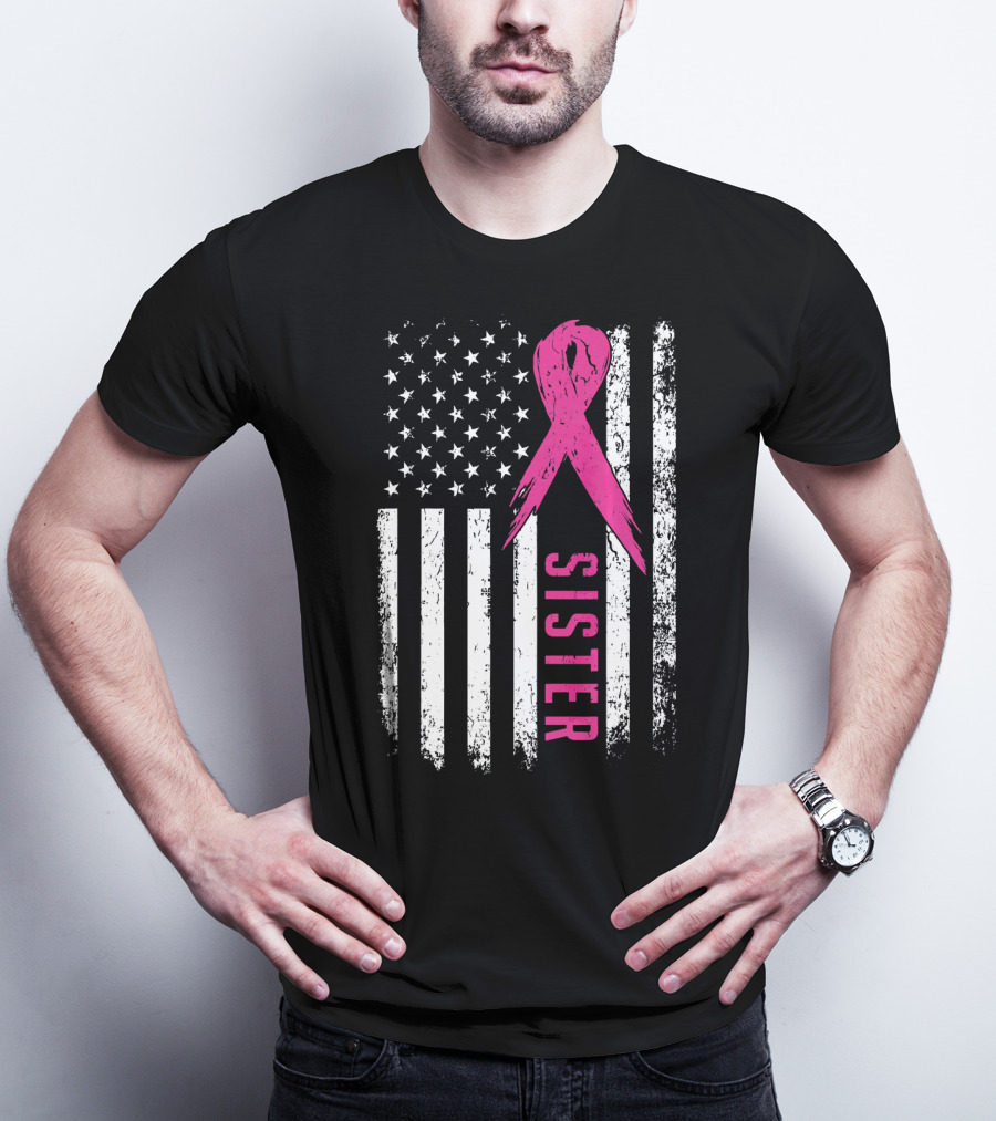 Sister Pink Ribbon American Flag Breast Cancer Awareness T-Shirt