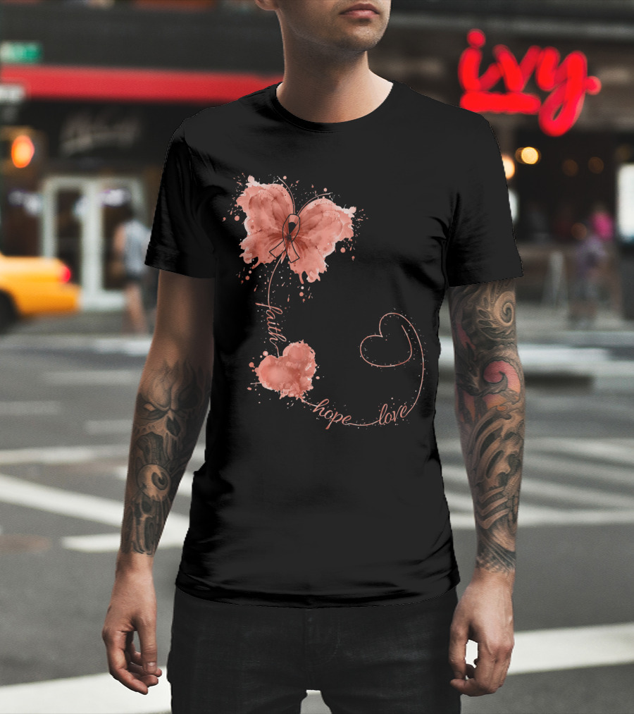 Faith Hope Love Butterfly Ribbon Uterine Cancer Awareness T-Shirt