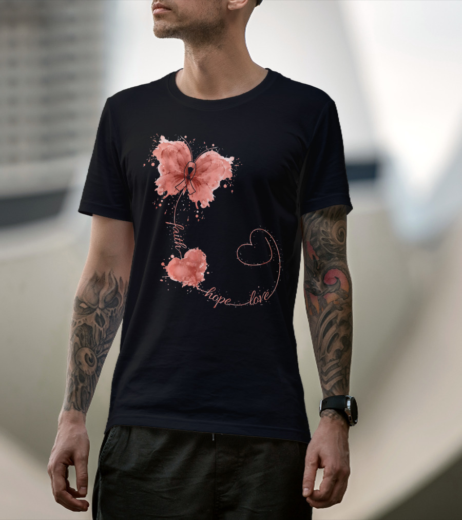 Faith Hope Love Butterfly Ribbon Uterine Cancer Awareness T-Shirt