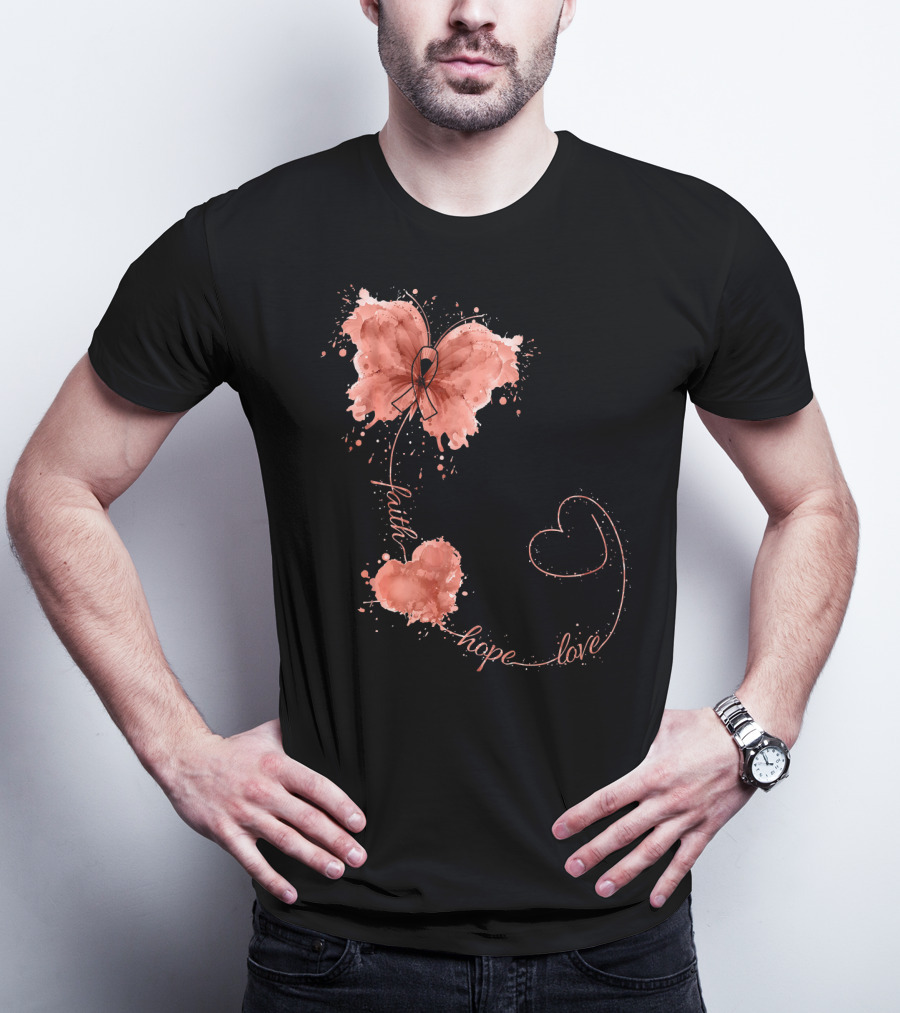 Faith Hope Love Butterfly Ribbon Uterine Cancer Awareness T-Shirt