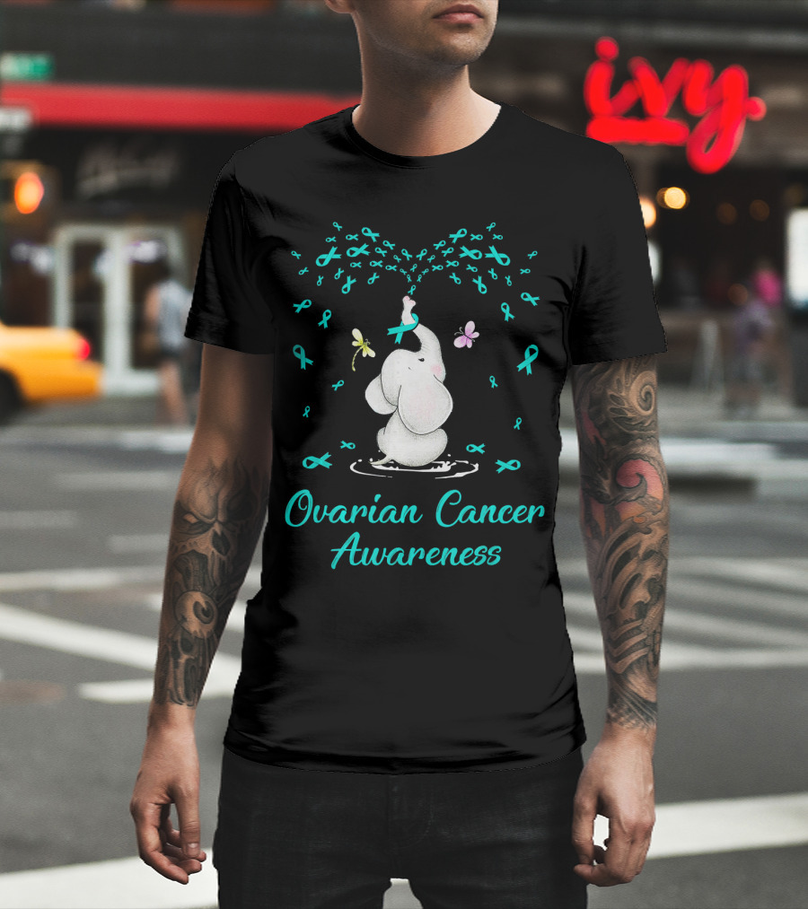 Ovarian Cancer Awareness Elephant With Ribbon And Butterflies T-Shirt