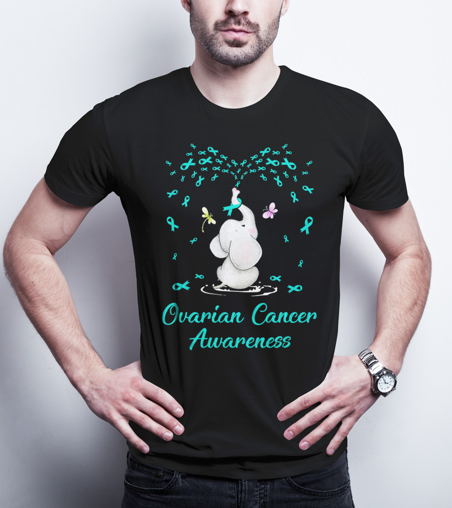Ovarian Cancer Awareness Elephant With Ribbon And Butterflies T-Shirt