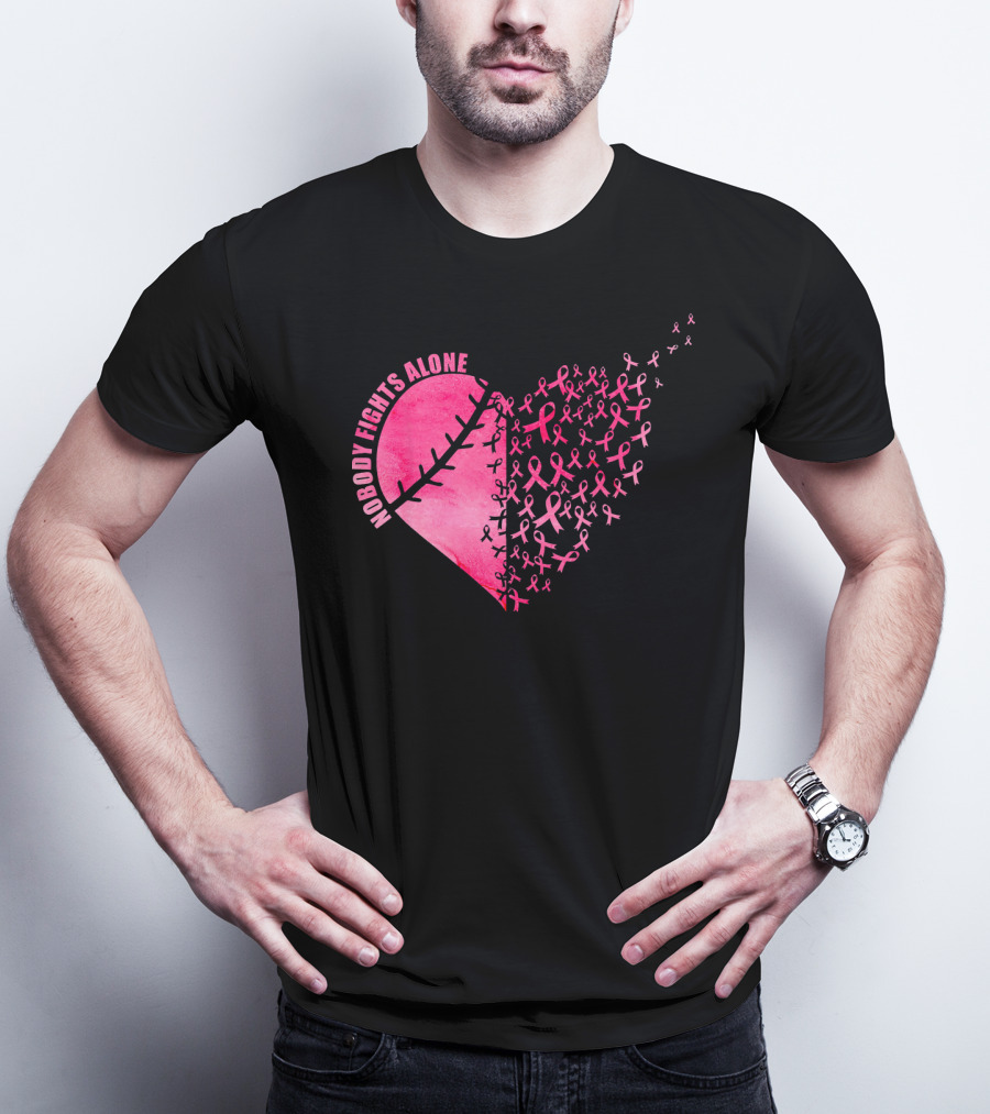 Nobody Fights Alone Heart Pink Ribbons Baseball Softball T-Shirt