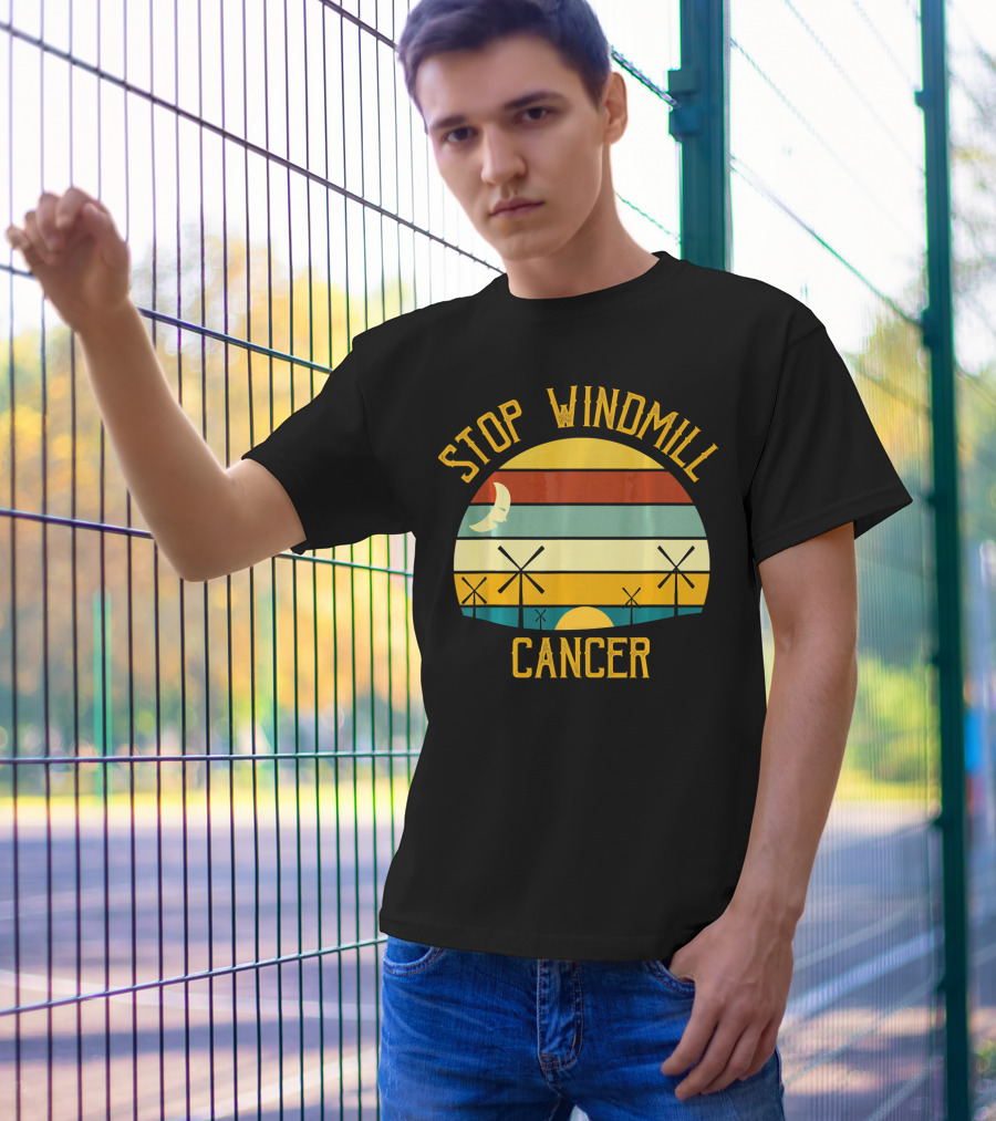 Stop Windmill Cancer Awareness Moon Sunset Stripes T-Shirt