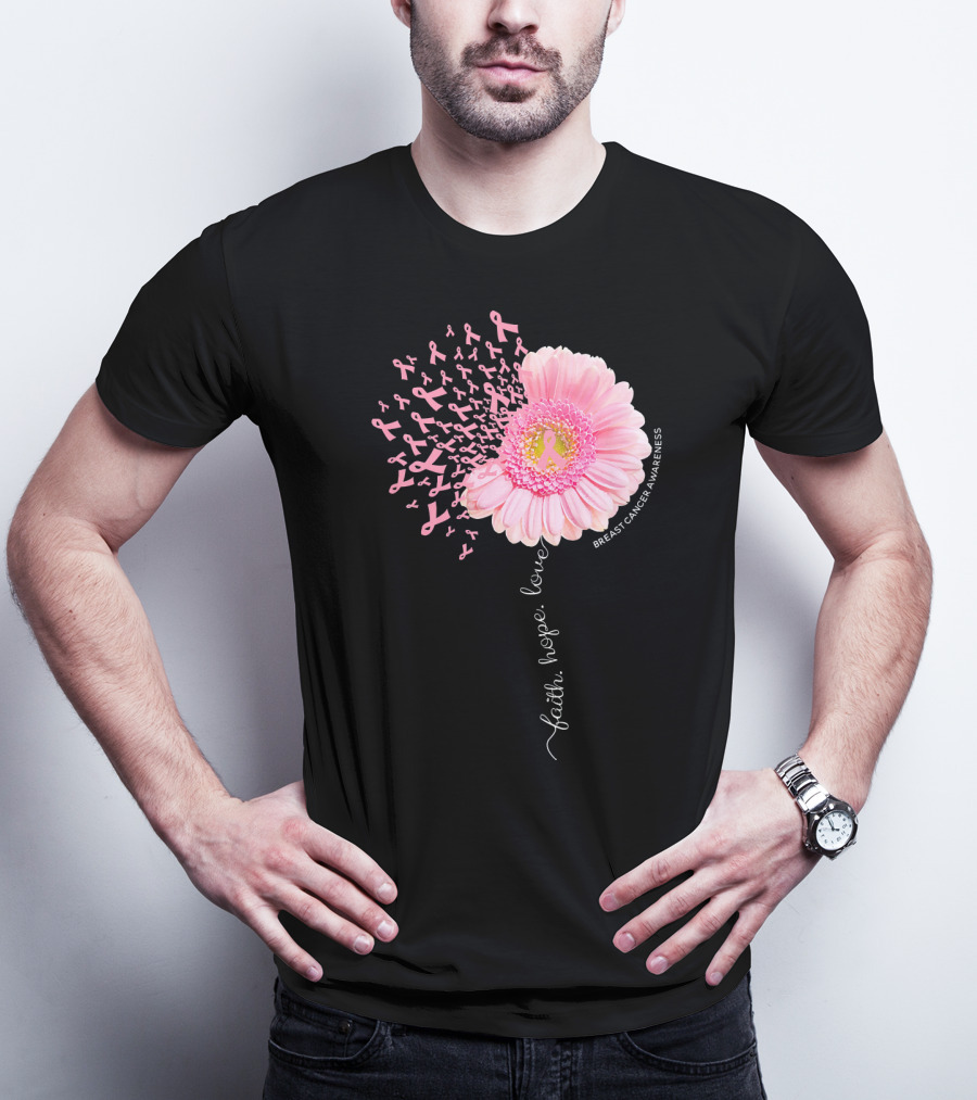 Faith Hope Love Dandelion Daisy Breast Cancer Awareness T-Shirt