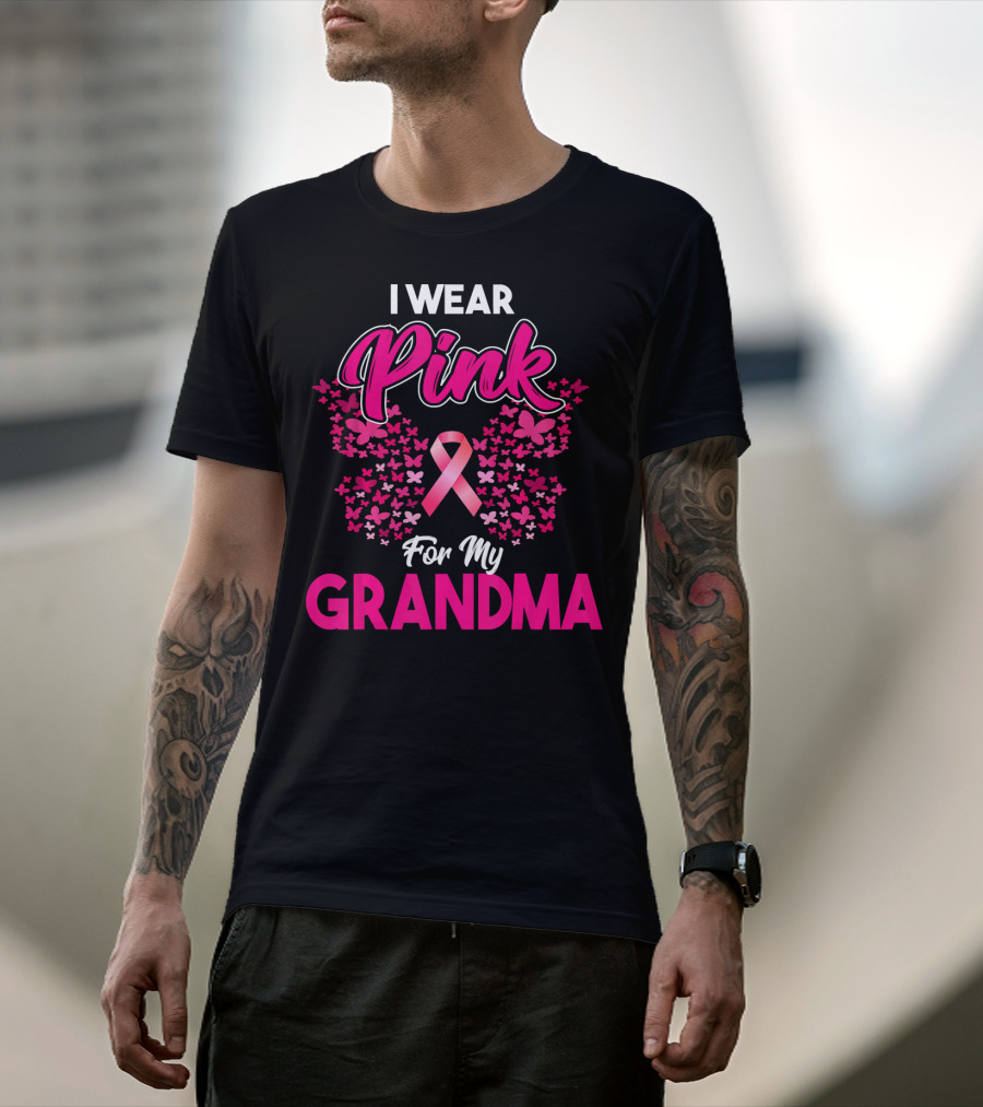 I Wear Pink For My Grandma Breast Cancer Awareness Month Ribbon Butterfly T-Shirt