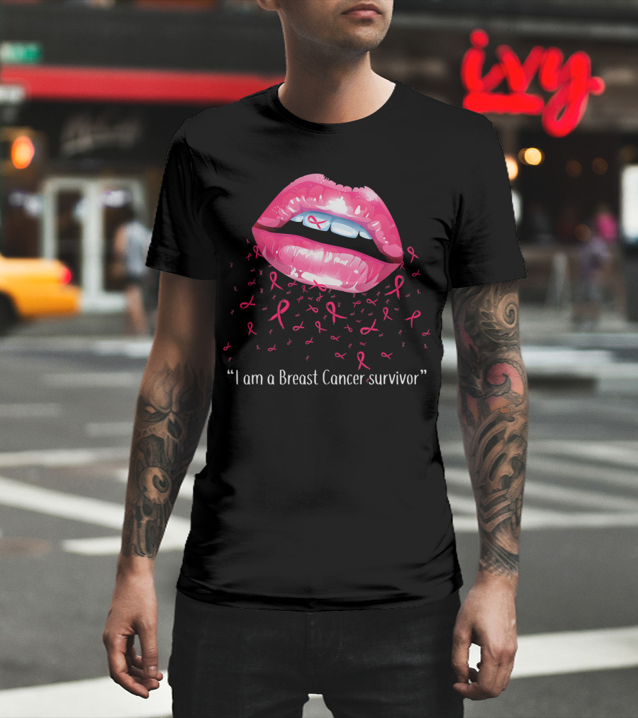 I Am A Breast Cancer Survivor Pink Ribbon Lips T-Shirt