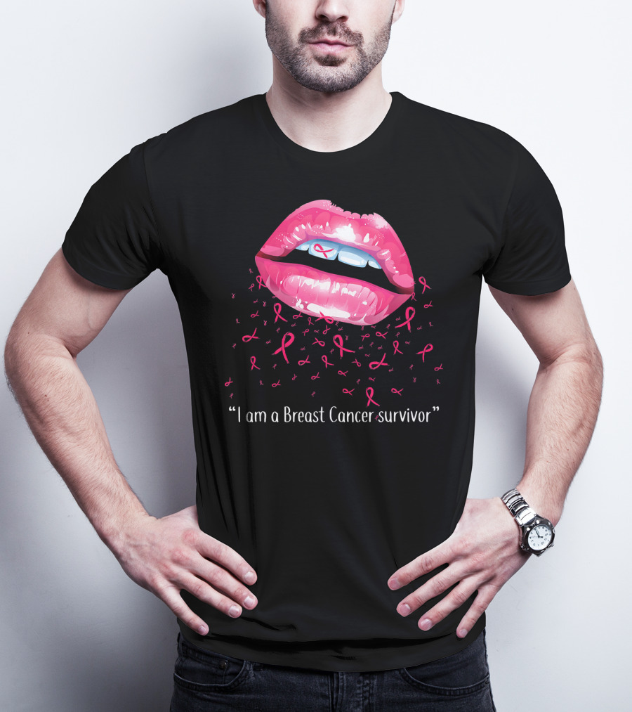 I Am A Breast Cancer Survivor Pink Ribbon Lips T-Shirt