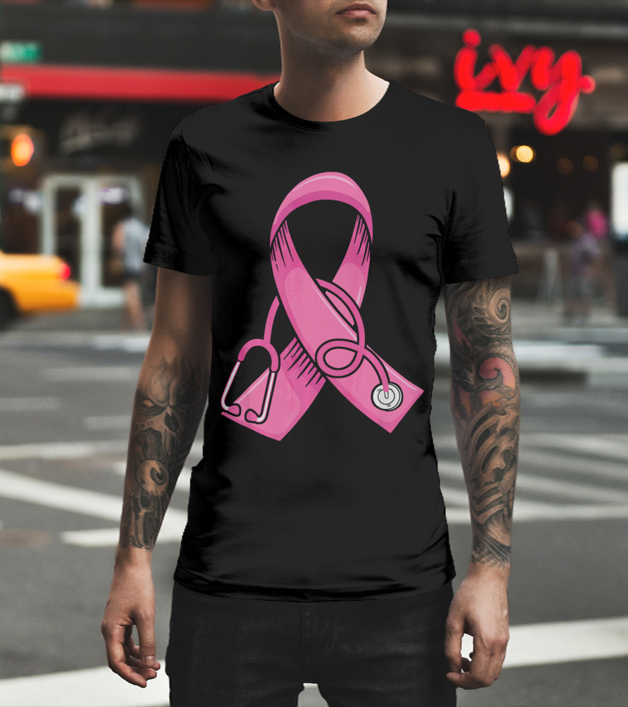 Pink Ribbon Heartbeat Nurse Doctor Breast Cancer Awareness Stethoscope T-Shirt