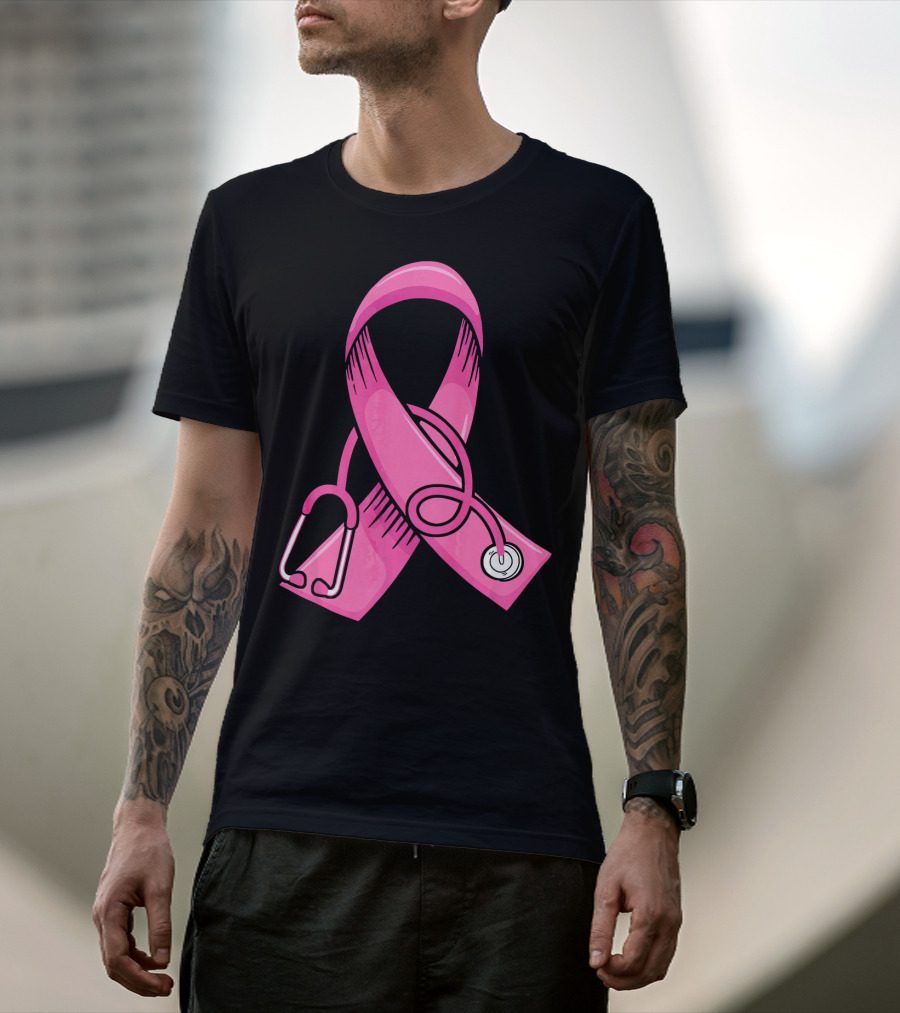 Pink Ribbon Heartbeat Nurse Doctor Breast Cancer Awareness Stethoscope T-Shirt