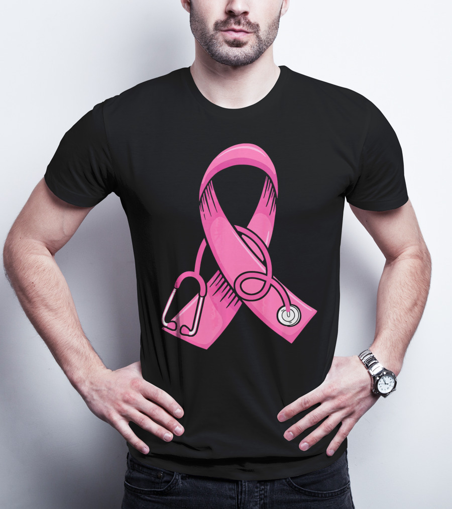 Pink Ribbon Heartbeat Nurse Doctor Breast Cancer Awareness Stethoscope T-Shirt
