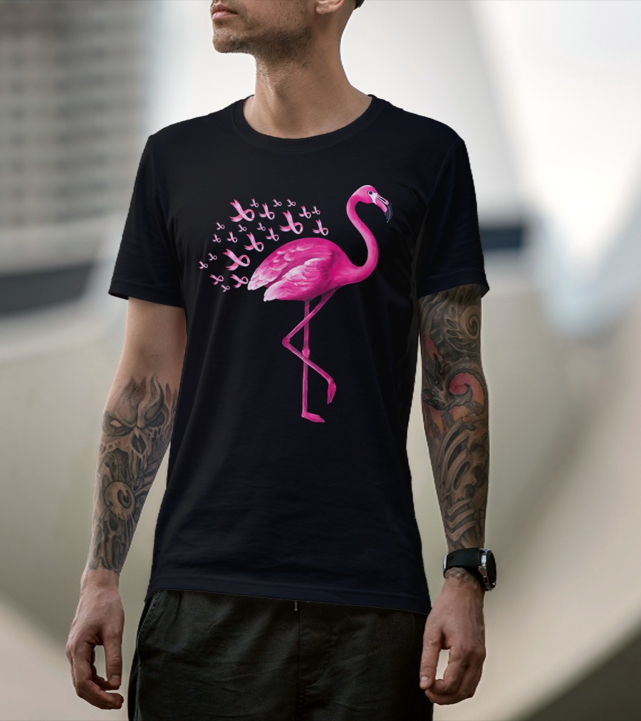 Pink Flamingo With Breast Cancer Awareness Ribbons T-Shirt