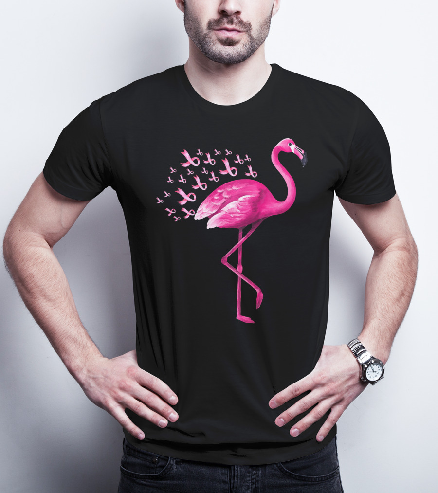 Pink Flamingo With Breast Cancer Awareness Ribbons T-Shirt
