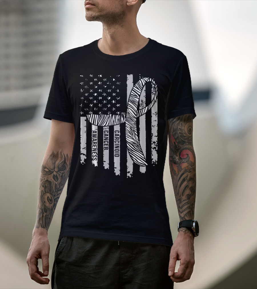 Zebra Ribbon Carcinoid Cancer Awareness American Flag Support T-Shirt