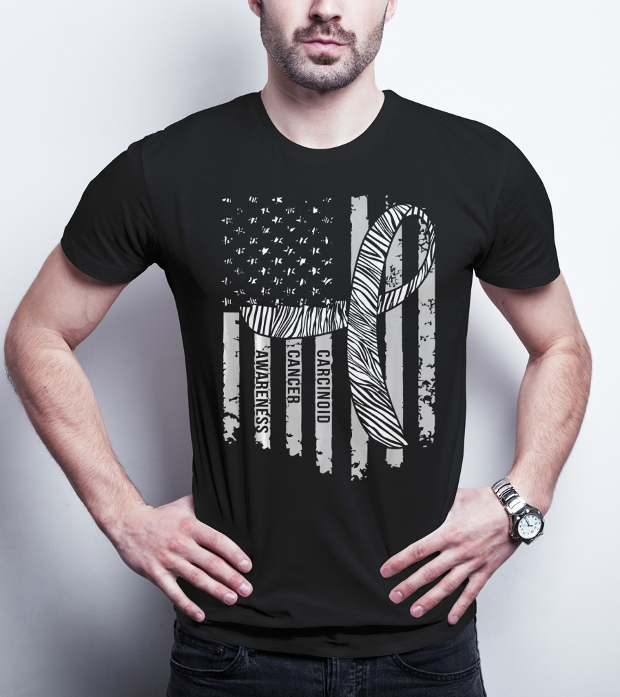 Zebra Ribbon Carcinoid Cancer Awareness American Flag Support T-Shirt