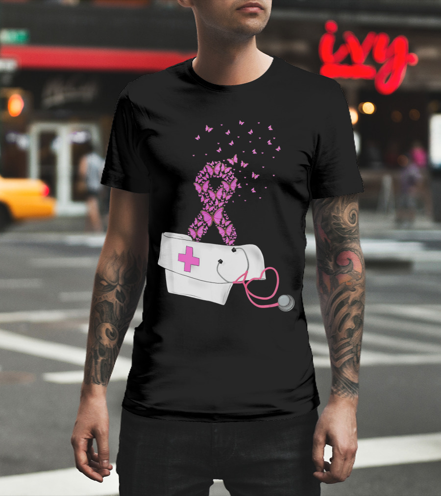 Breast Cancer Awareness Pink Butterfly Ribbon Nurse Doctor Stethoscope Hat T-Shirt