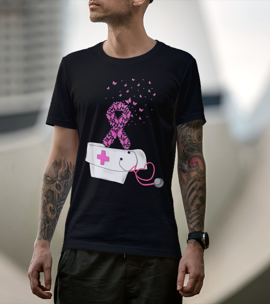 Breast Cancer Awareness Pink Butterfly Ribbon Nurse Doctor Stethoscope Hat T-Shirt