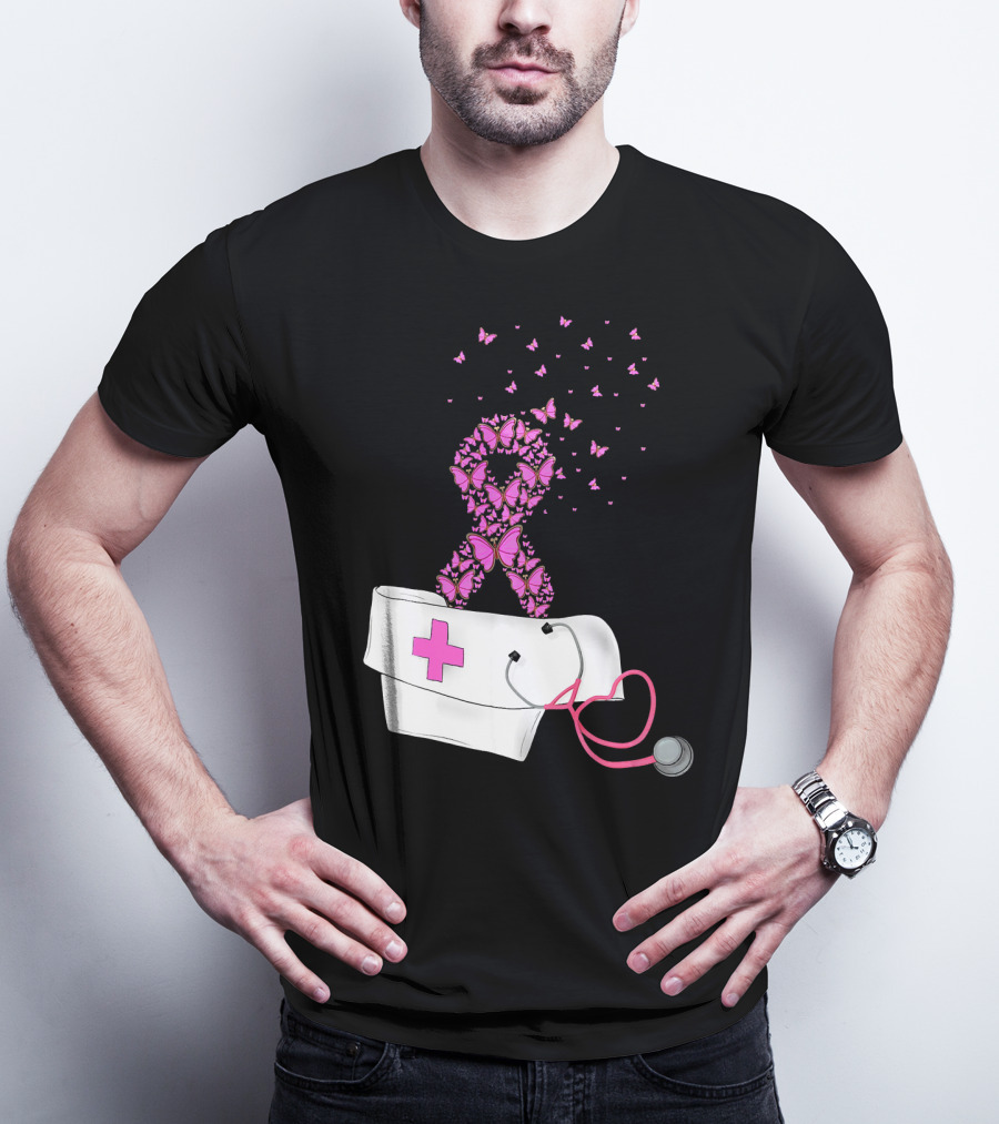 Breast Cancer Awareness Pink Butterfly Ribbon Nurse Doctor Stethoscope Hat T-Shirt