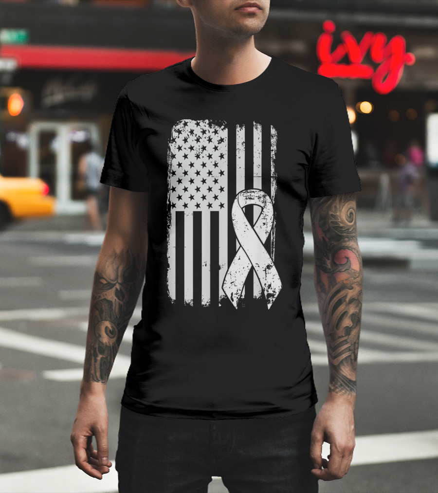 Mens Lung Cancer Awareness Distressed American Flag T-Shirt