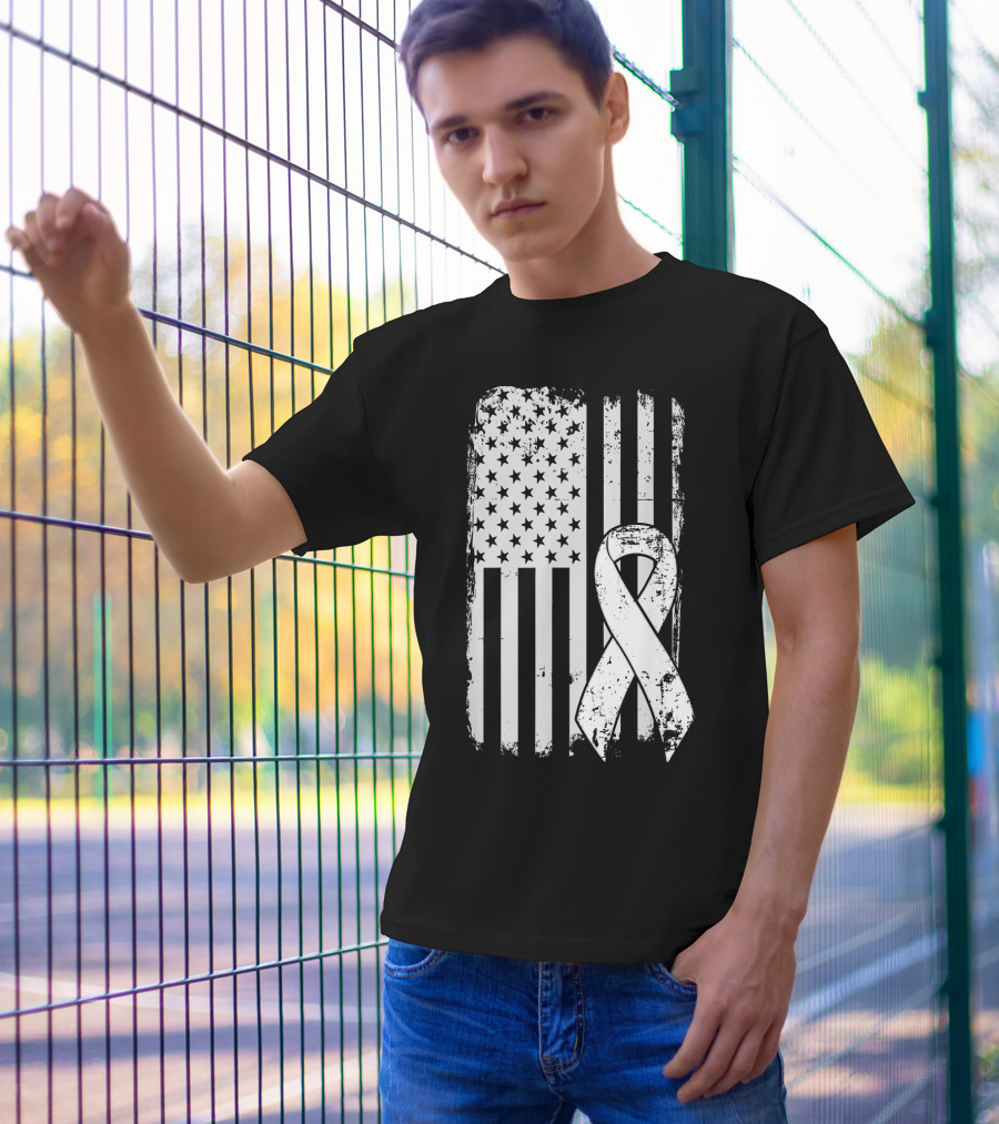 Mens Lung Cancer Awareness Distressed American Flag T-Shirt