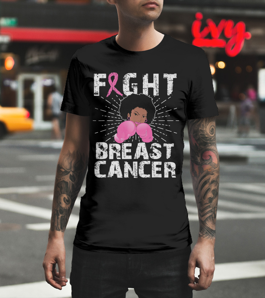 FIGHT Breast Cancer Pink Ribbon Afro Woman Boxing Gloves T-Shirt