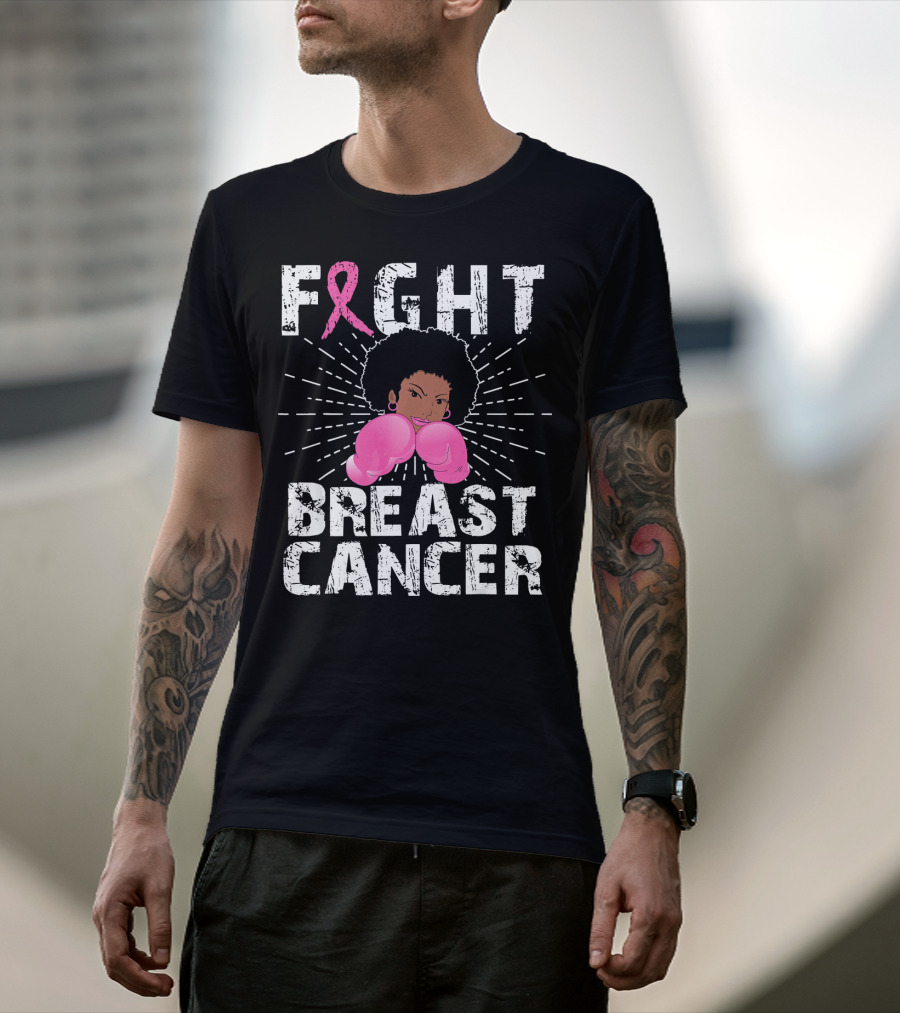 FIGHT Breast Cancer Pink Ribbon Afro Woman Boxing Gloves T-Shirt