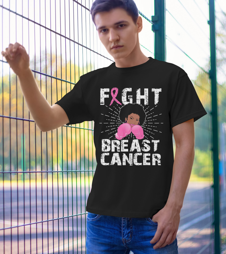 FIGHT Breast Cancer Pink Ribbon Afro Woman Boxing Gloves T-Shirt