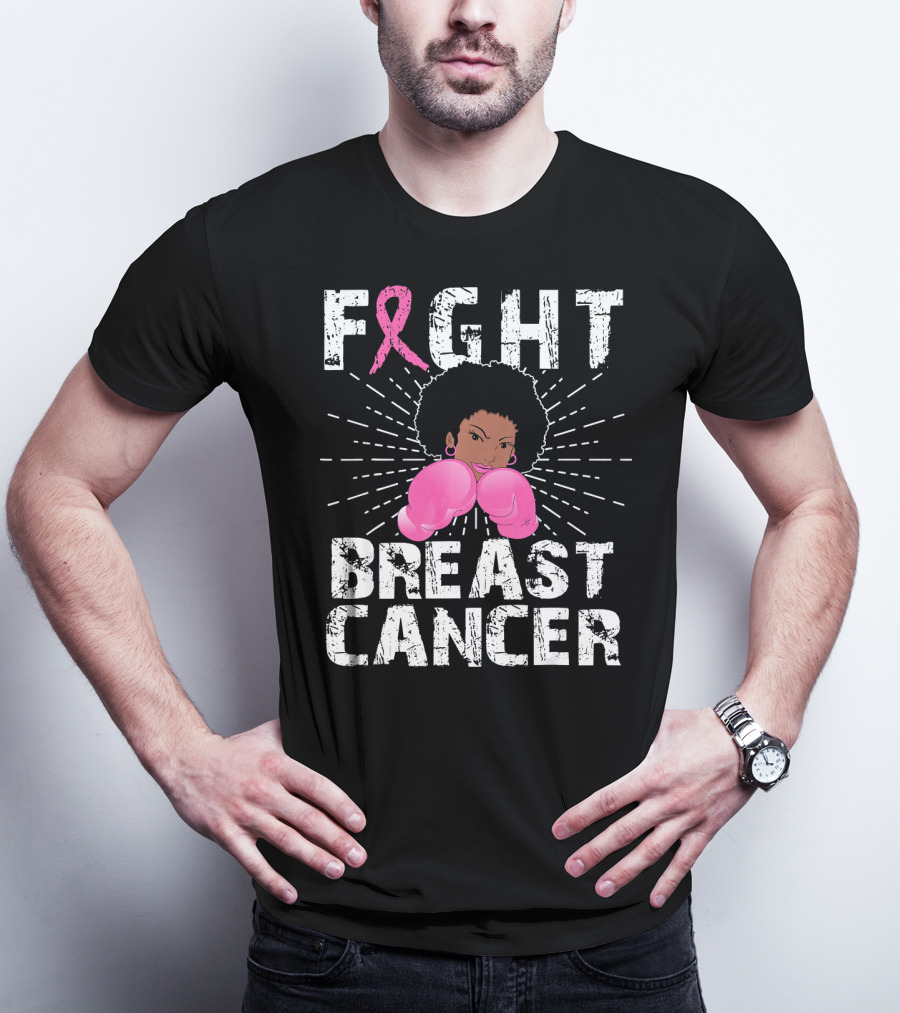 FIGHT Breast Cancer Pink Ribbon Afro Woman Boxing Gloves T-Shirt