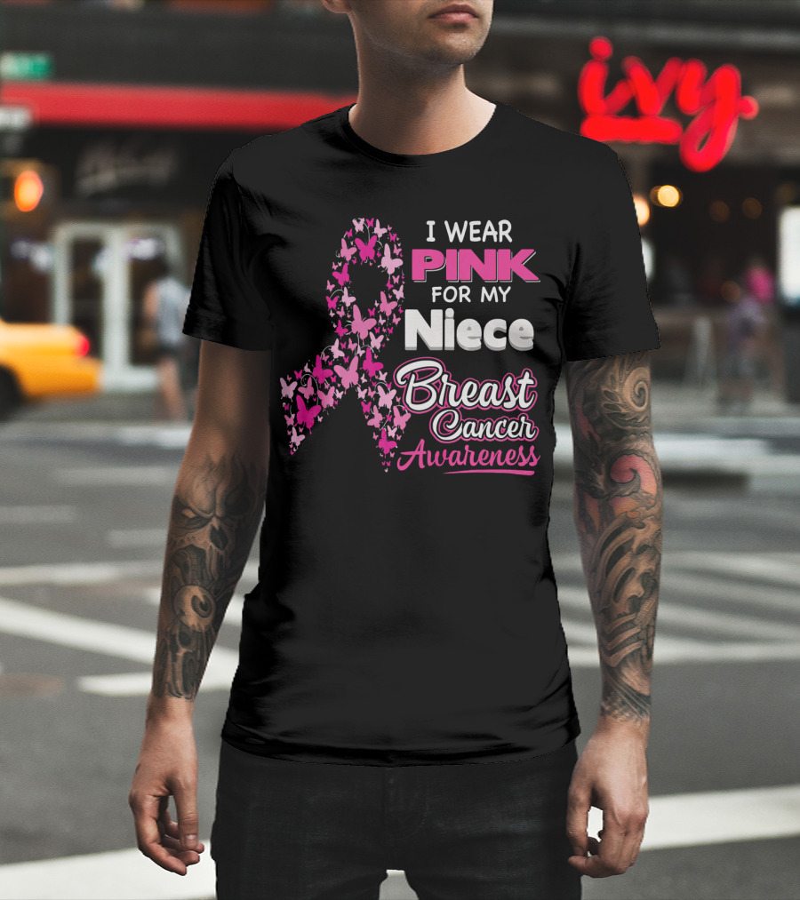 I Wear Pink For My Niece Breast Cancer Awareness Butterfly T-Shirt