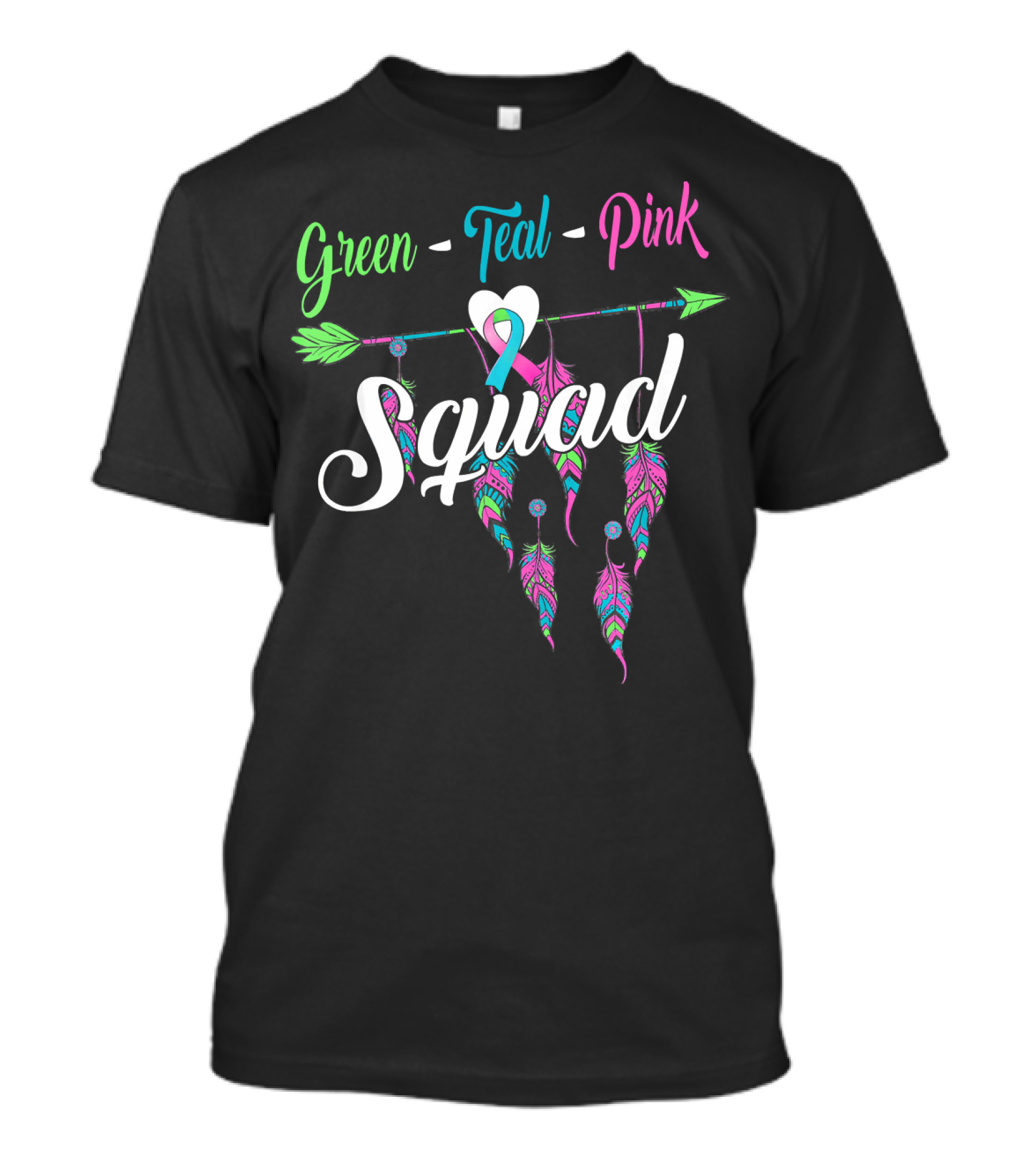 Green Teal Pink Ribbon Arrow Heart Feather Squad T-Shirt