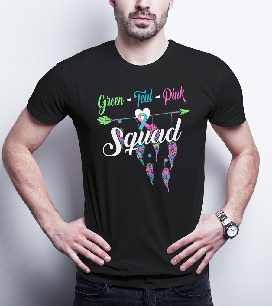 Green Teal Pink Ribbon Arrow Heart Feather Squad T-Shirt