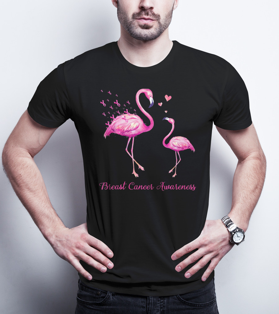 Breast Cancer Awareness Family Flamingo Mom Baby Hearts T-Shirt