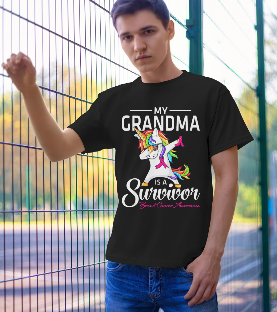 My Grandma Is A Survivor Breast Cancer Awareness Unicorn Dab T-Shirt