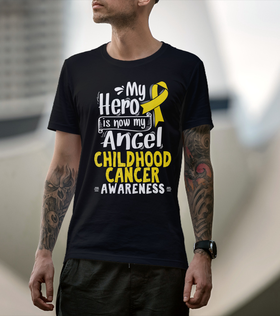 Gold Awareness Ribbon My Hero Is Now My Angel Childhood Cancer Awareness T-Shirt