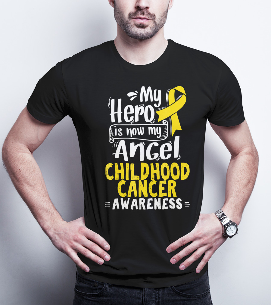 Gold Awareness Ribbon My Hero Is Now My Angel Childhood Cancer Awareness T-Shirt