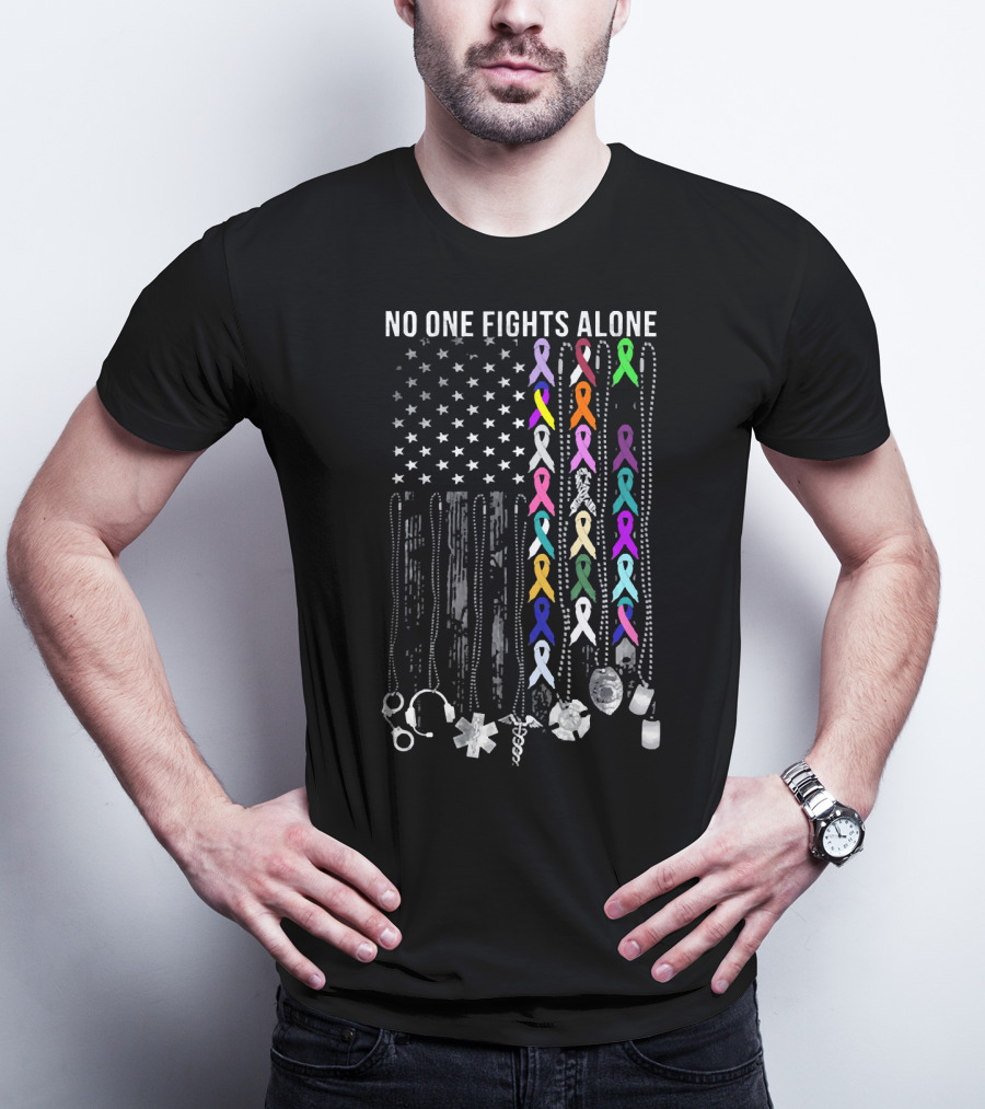 No One Fights Alone Cancer Awareness Ribbon Support Flag T-Shirt