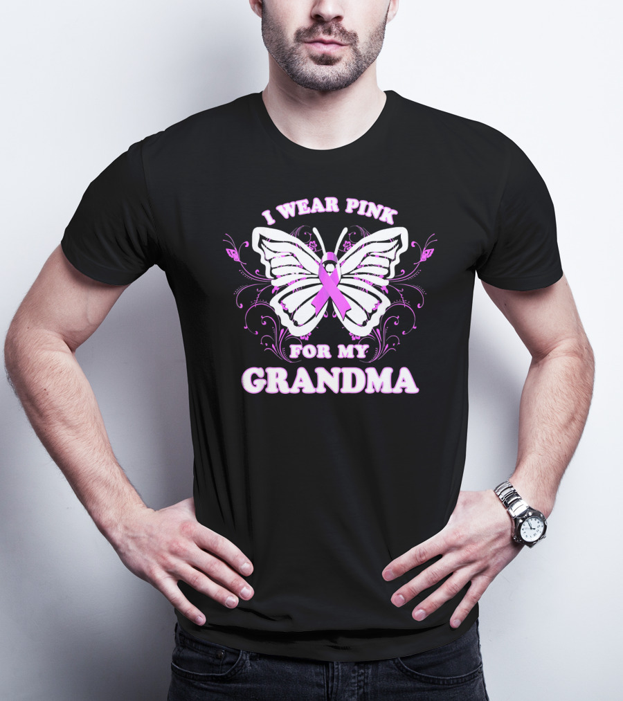 I Wear Pink For My Grandma Breast Cancer Awareness Butterfly T-Shirt