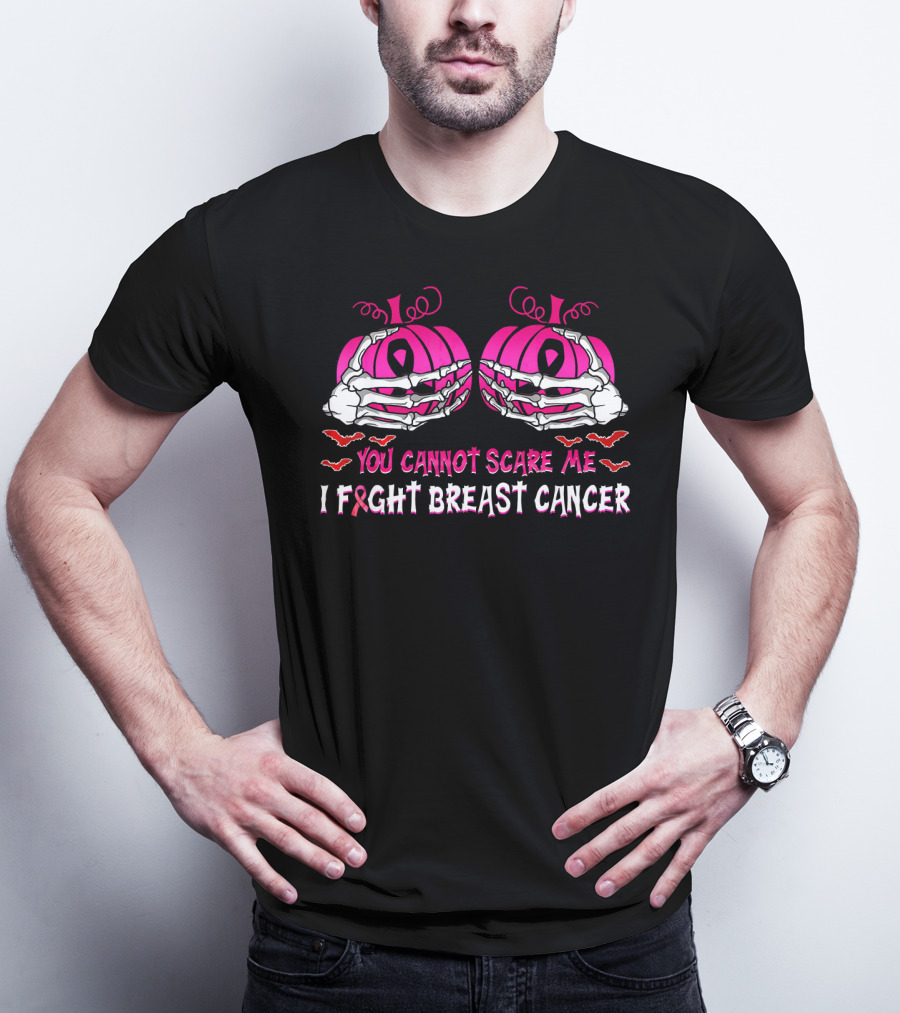 You Cannot Scare Me I Fight Breast Cancer Pink Pumpkins Skeleton Hands T-Shirt