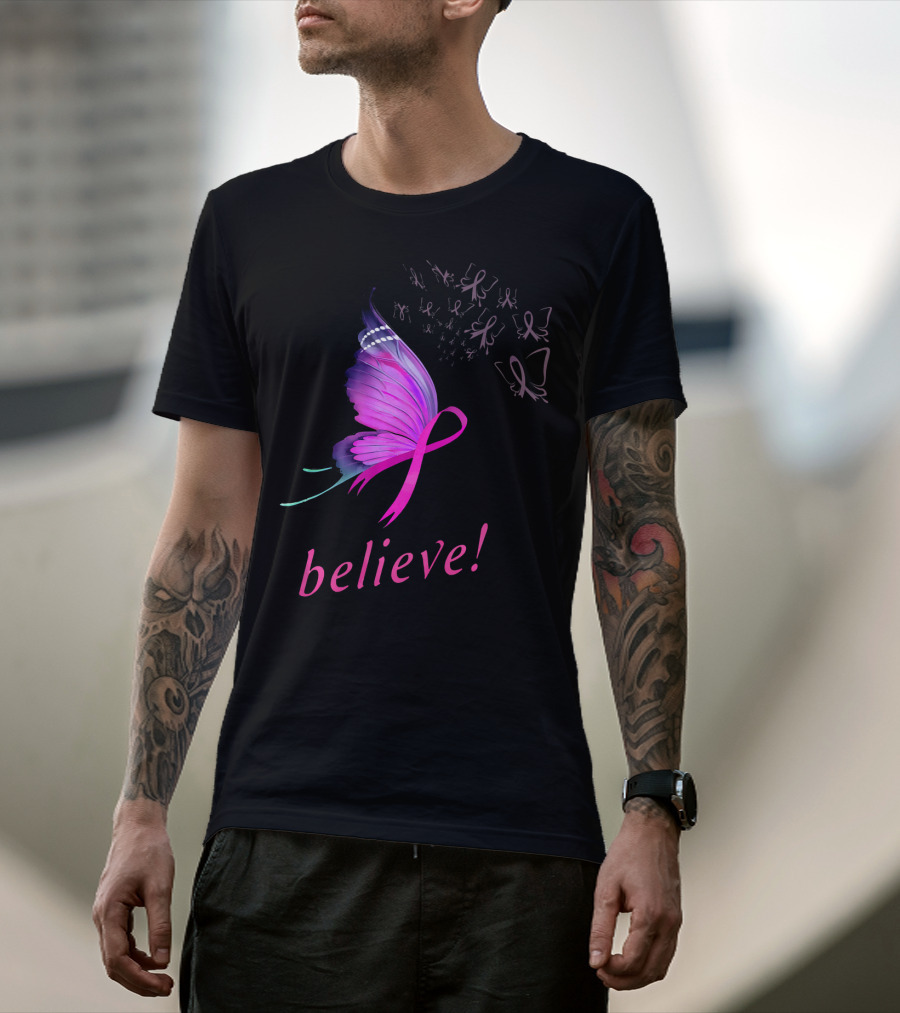 Believe Pink Ribbon Butterfly Breast Cancer Awareness T-Shirt