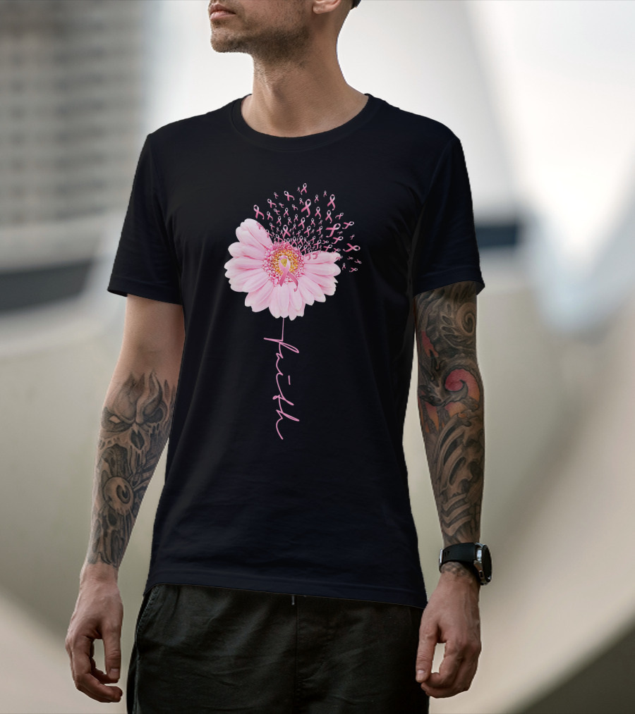 Faith Daisy Flower Pink Ribbon Breast Cancer T-Shirt