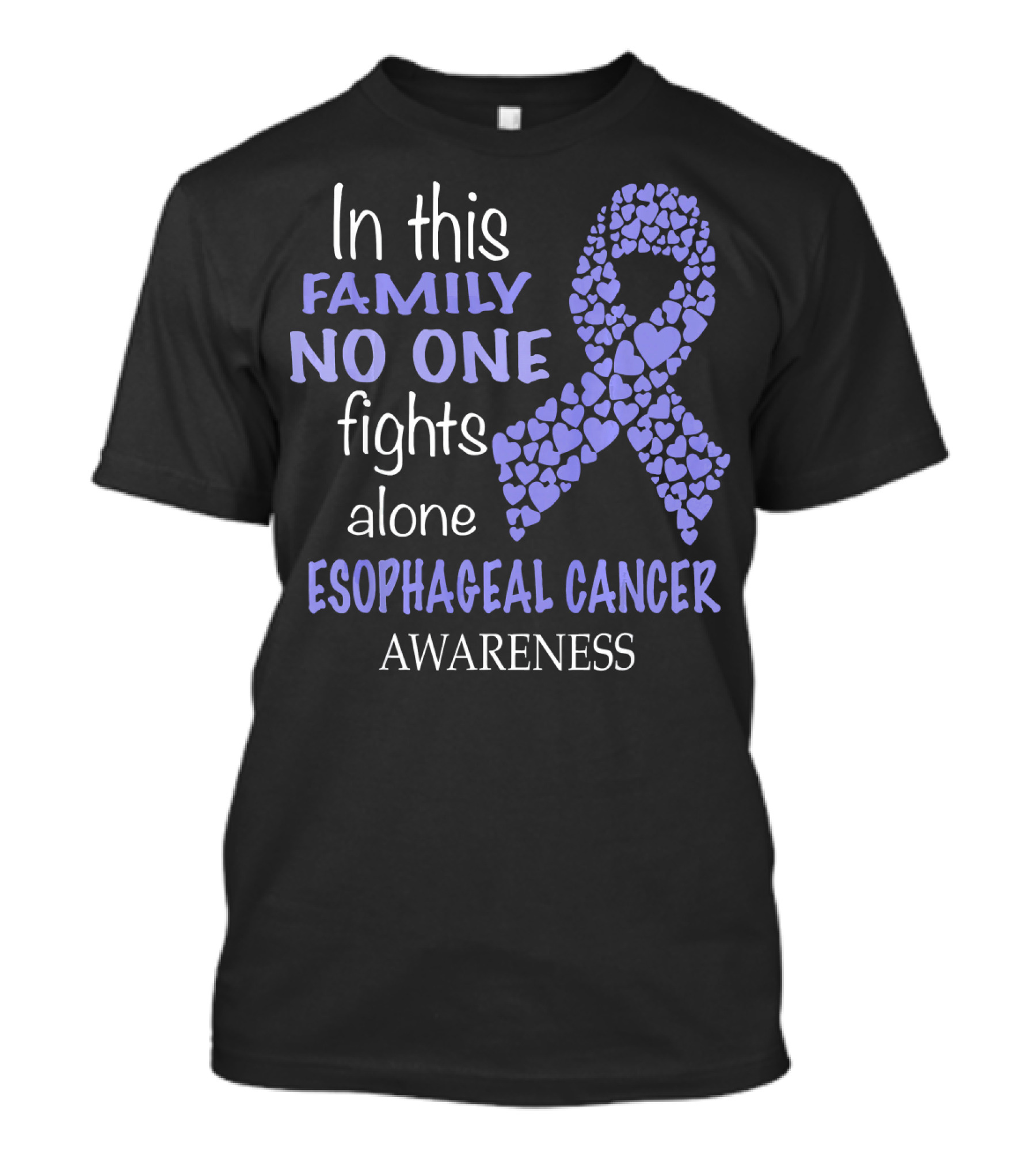 In This Family No One Fights Alone Esophageal Cancer Awareness Ribbon Hearts T-Shirt
