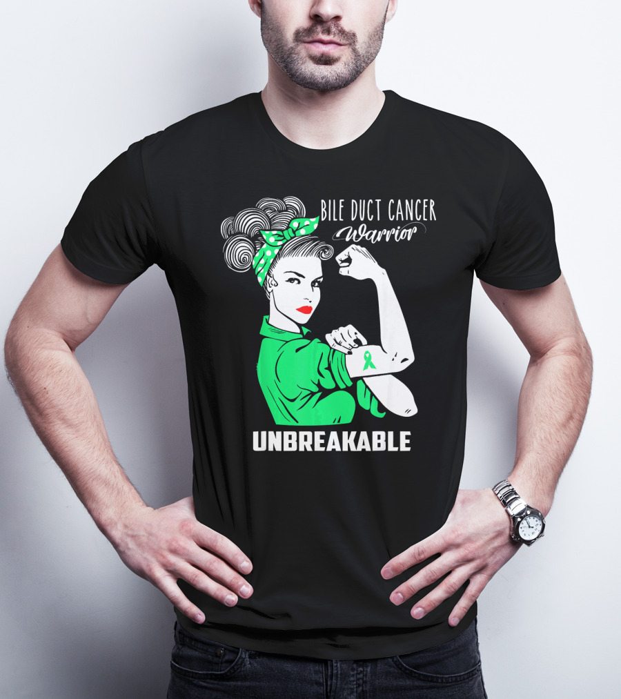 Bile Duct Cancer Warrior Unbreakable Rosie The Riveter Style With Awareness T-Shirt
