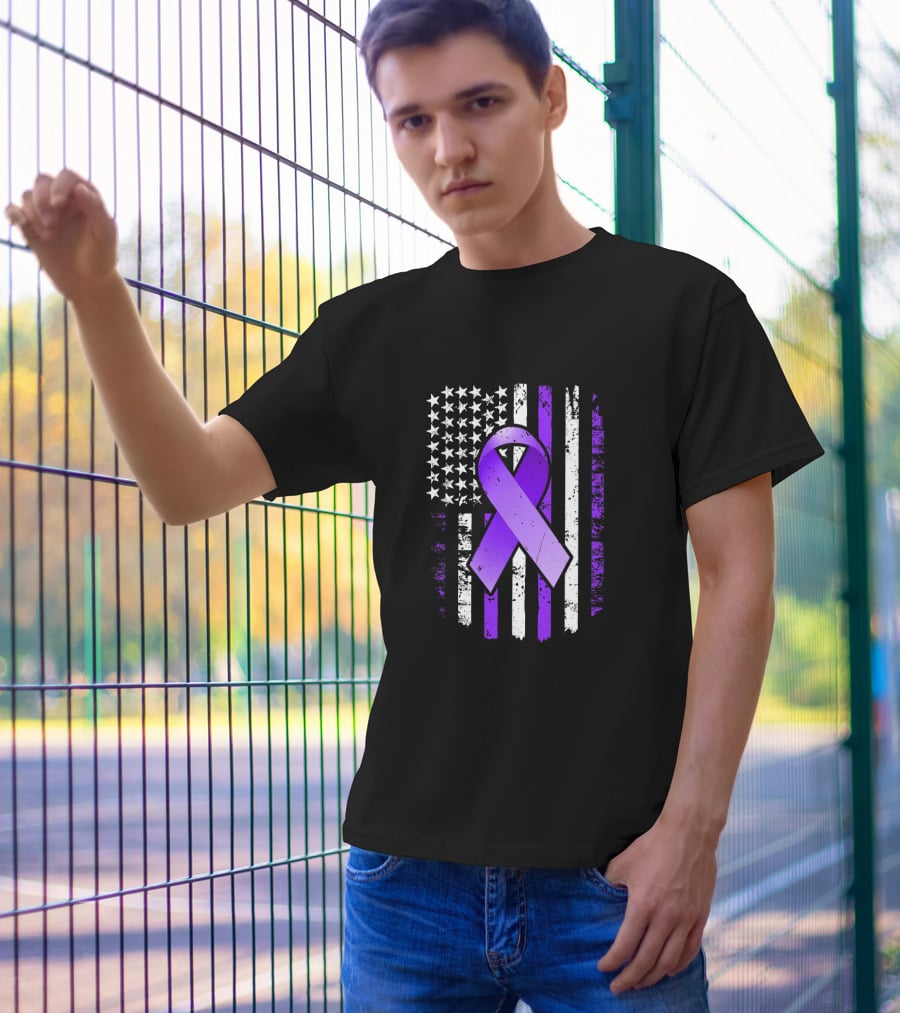 American Flag Purple Ribbon Pancreatic Cancer Awareness T-Shirt