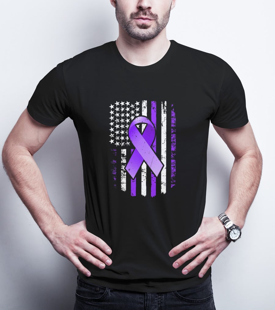 American Flag Purple Ribbon Pancreatic Cancer Awareness T-Shirt