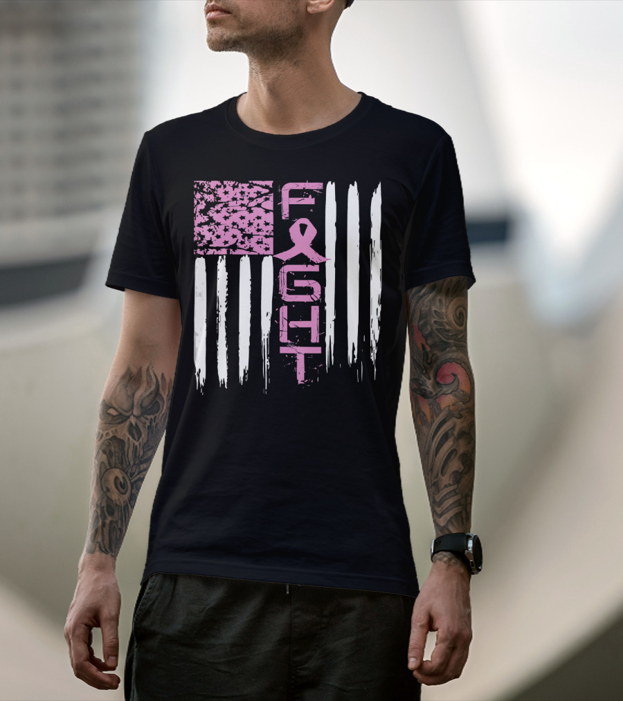 Fight Cancer Awareness Breast Pink Ribbon American Flag T-Shirt