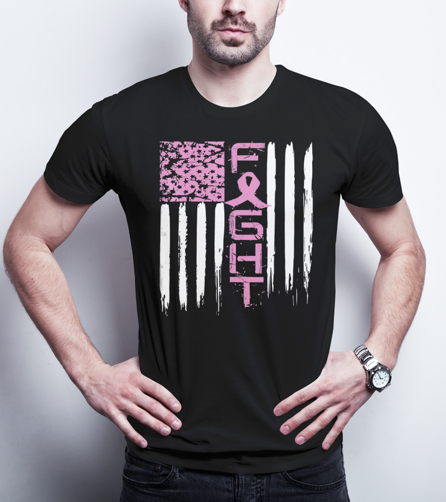 Fight Cancer Awareness Breast Pink Ribbon American Flag T-Shirt