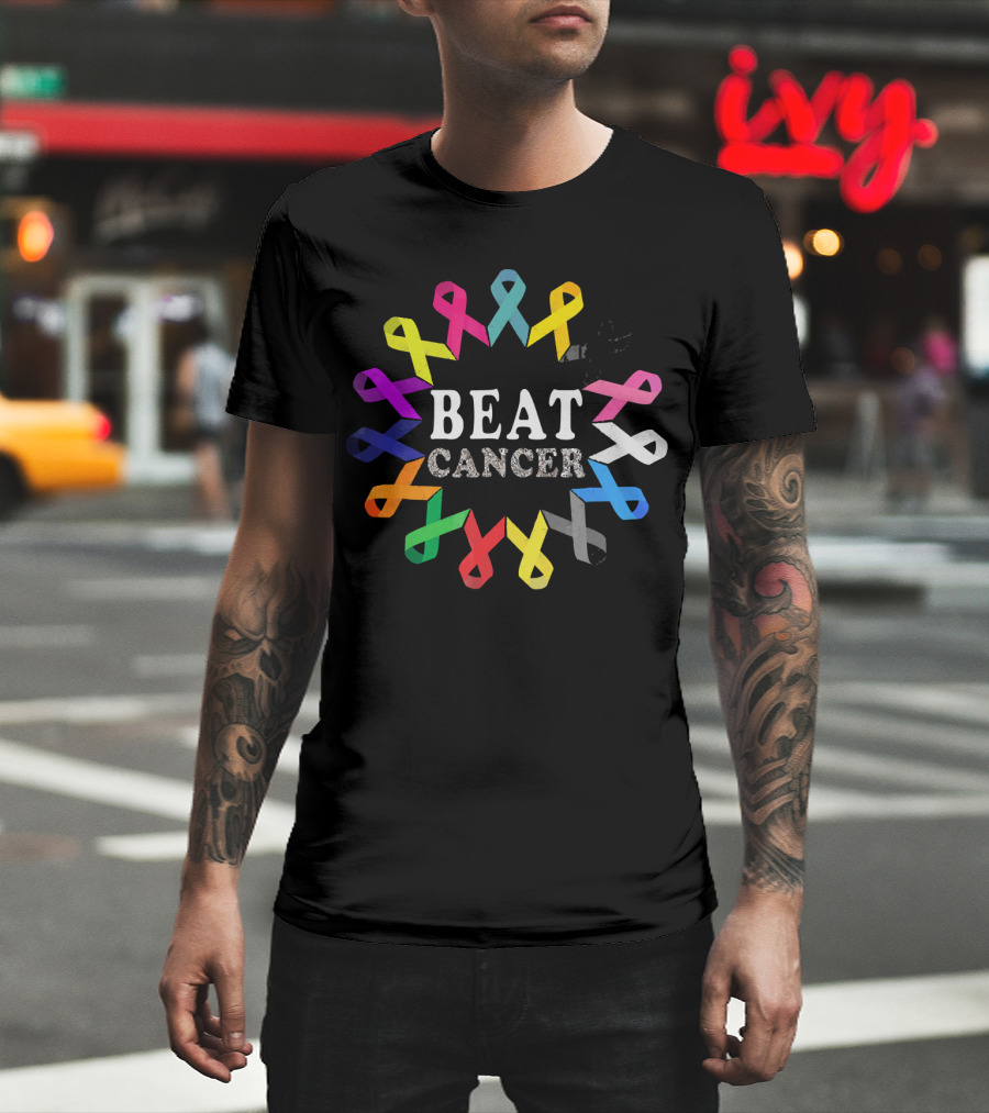 BEAT CANCER Multicolored Awareness Ribbons T-Shirt